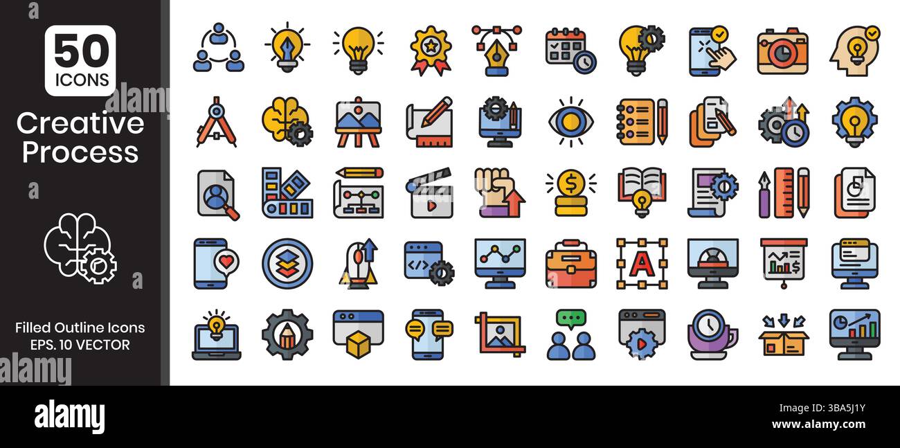 Creative process icons set. Filled outline style icons pack. Vector ...