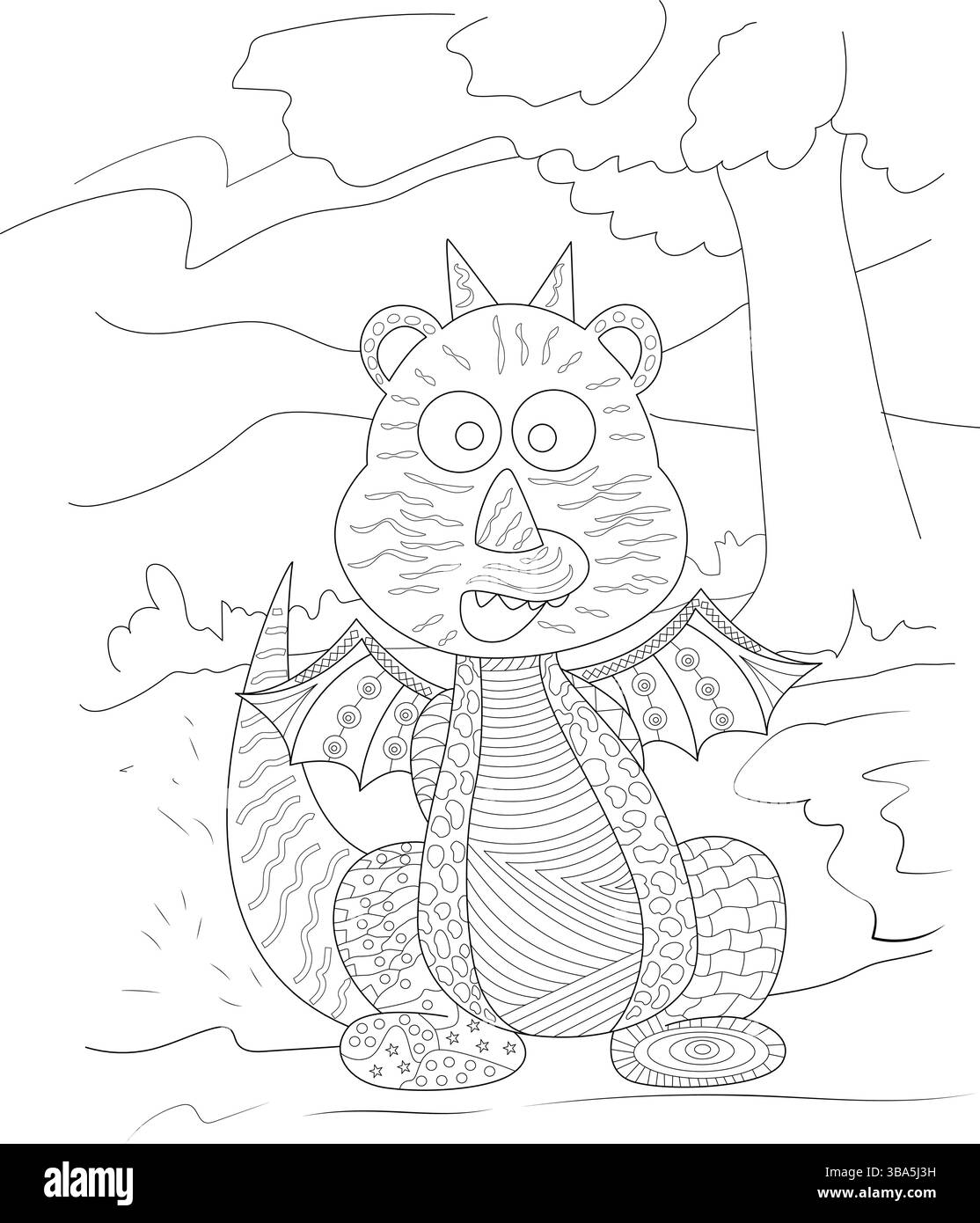 An intricate black and white line art illustration of a cute baby ...