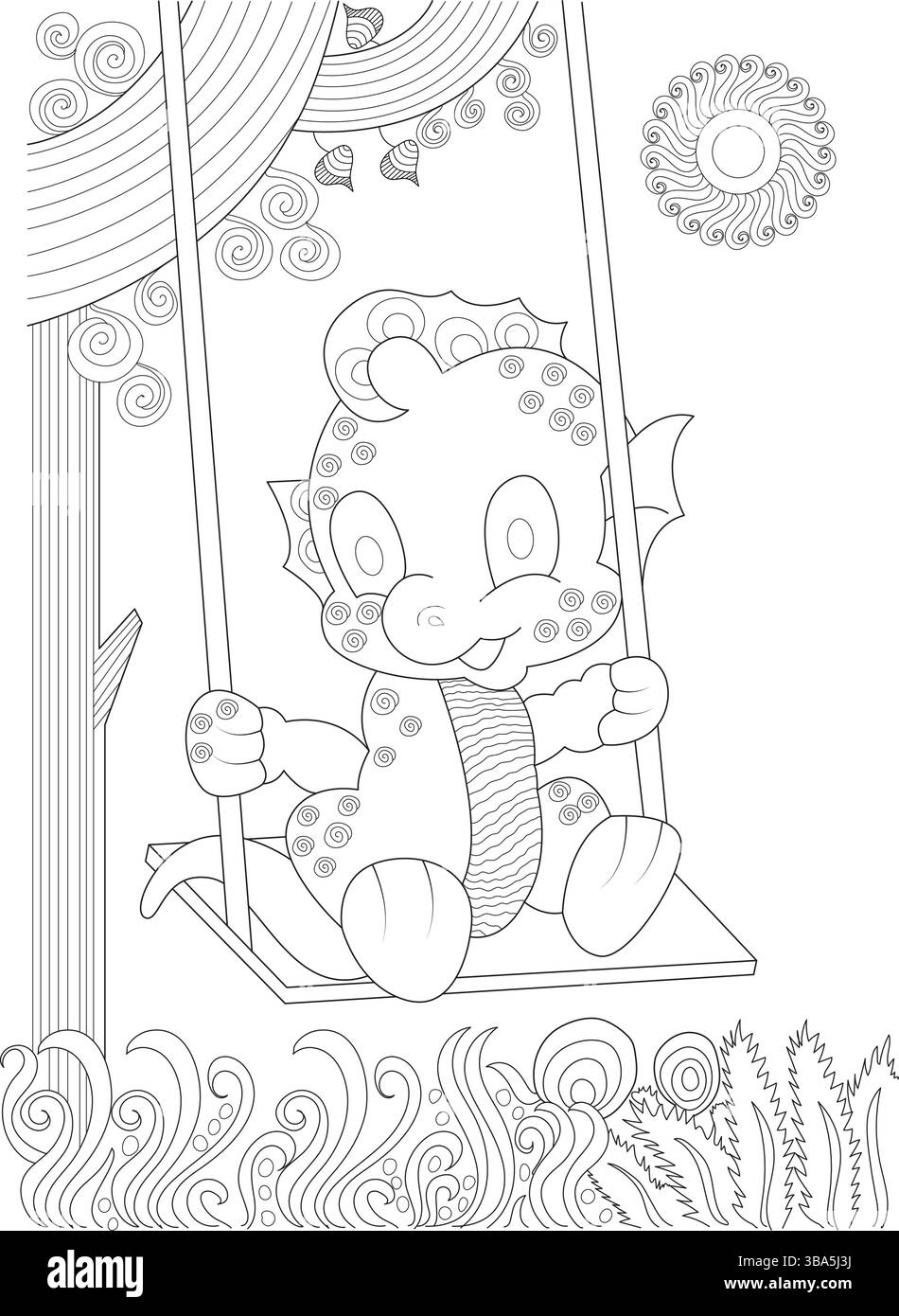 Charming black and white line art illustration of a happy baby dragon ...