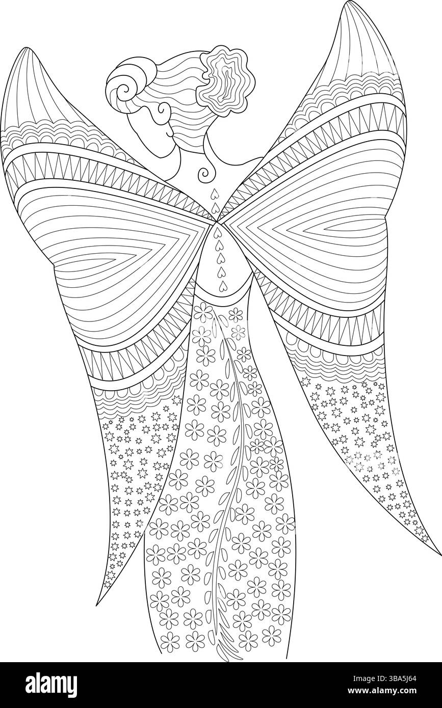 A detailed black and white line drawing of an angel with elaborate ...