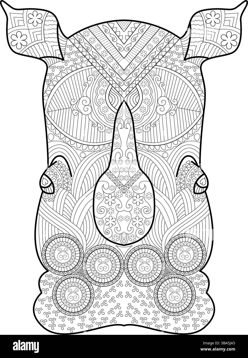 An intricate black and white line art illustration of a rhinoceros face ...