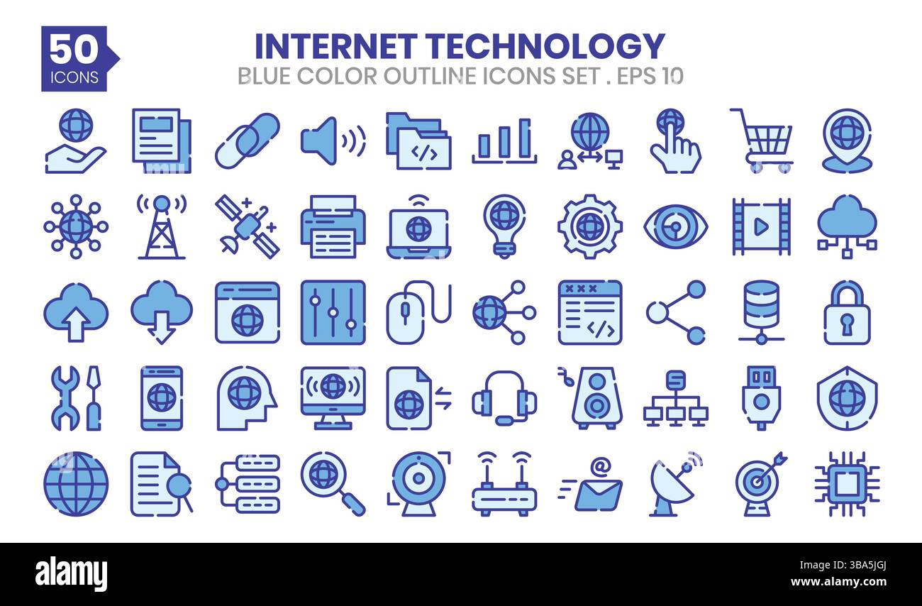 Internet Technology blue color outline icons set. Vector illustration ...