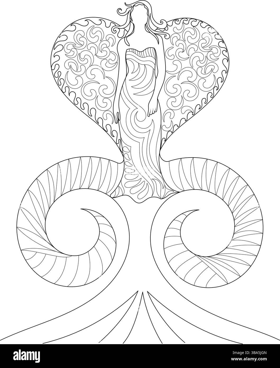 Black and white line drawing featuring a stylized angel figure with ...