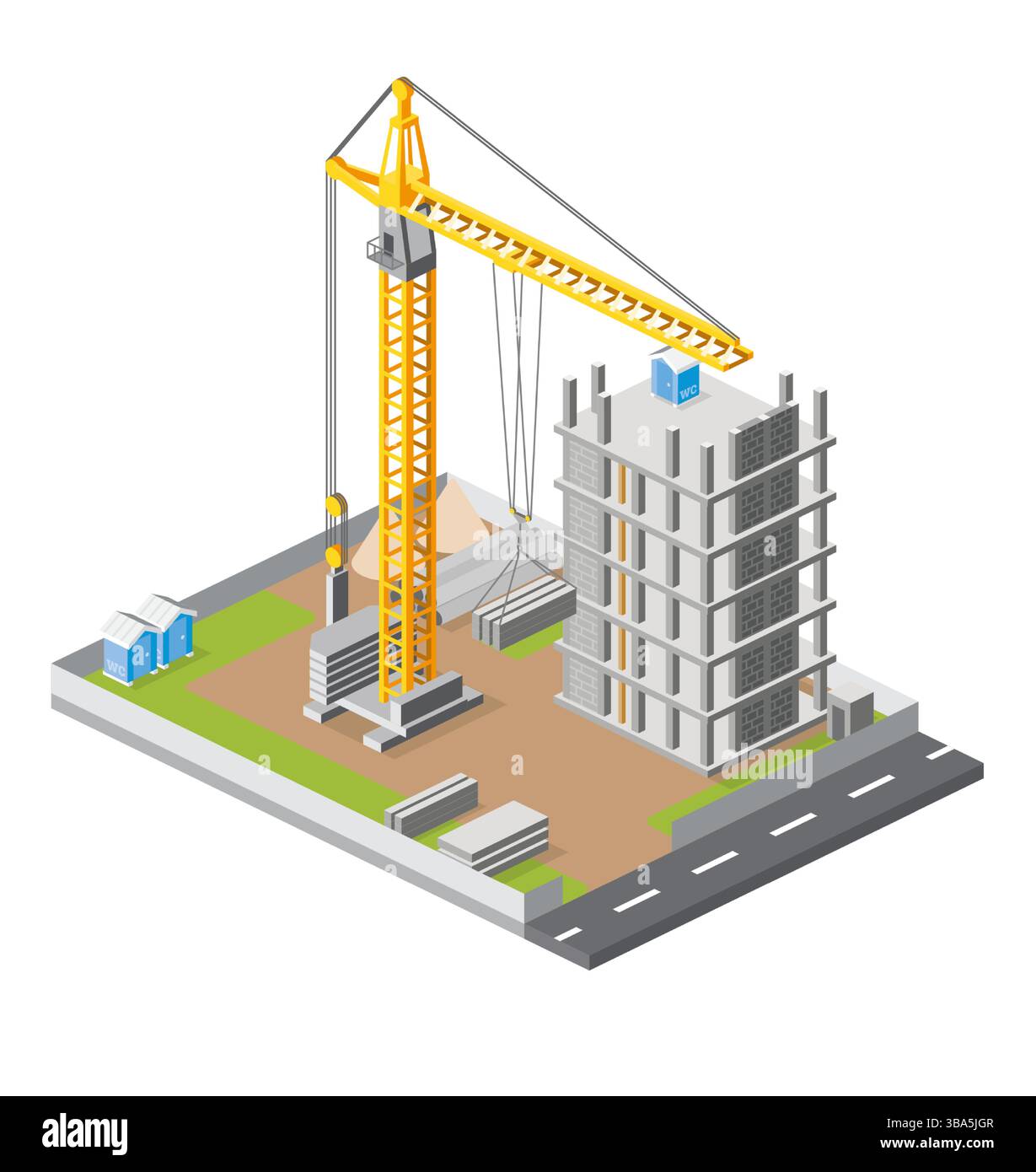 Construction site with crane and skyscraper. Process of building multi-storey building ...