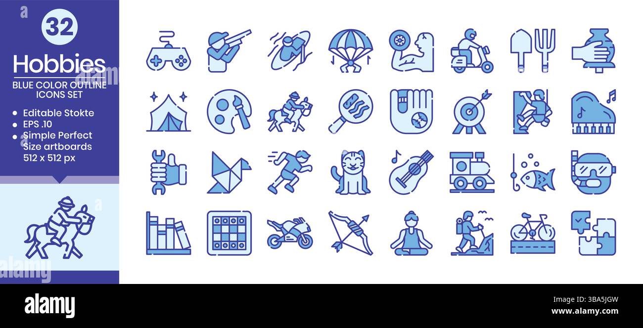Hobbies blue color outline icons collection.Vector illustration Stock ...