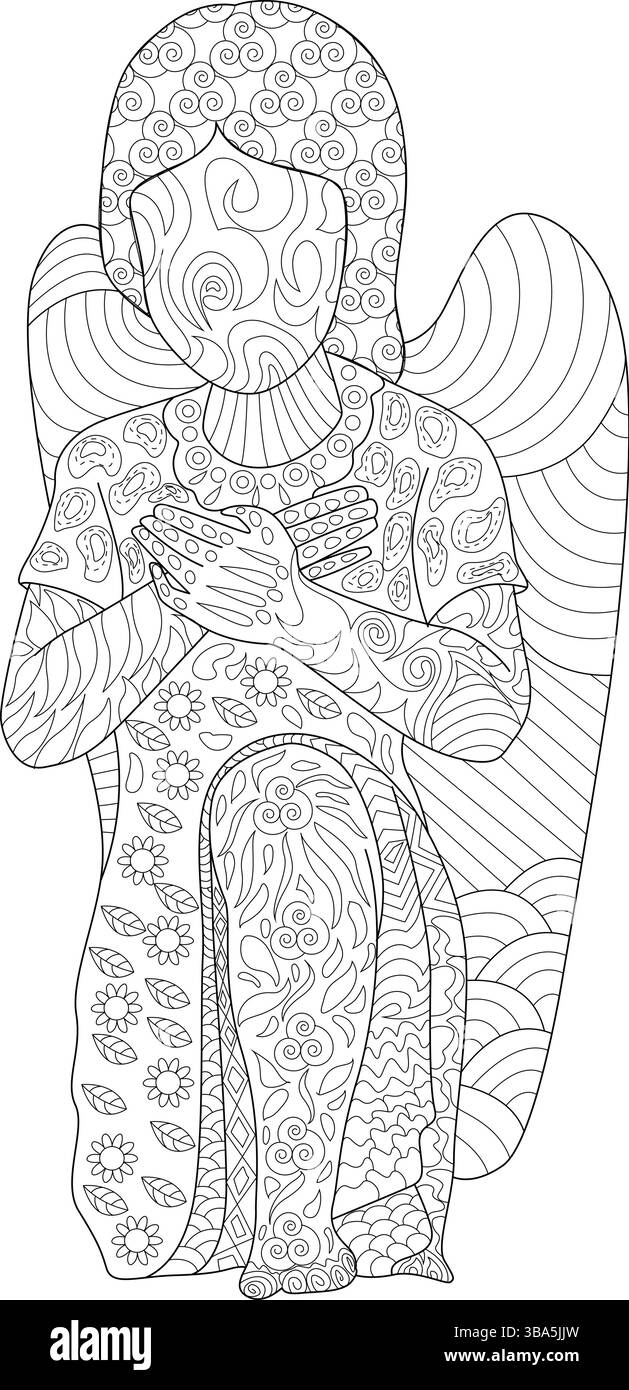 A detailed line art illustration of an angel figure with intricate ...