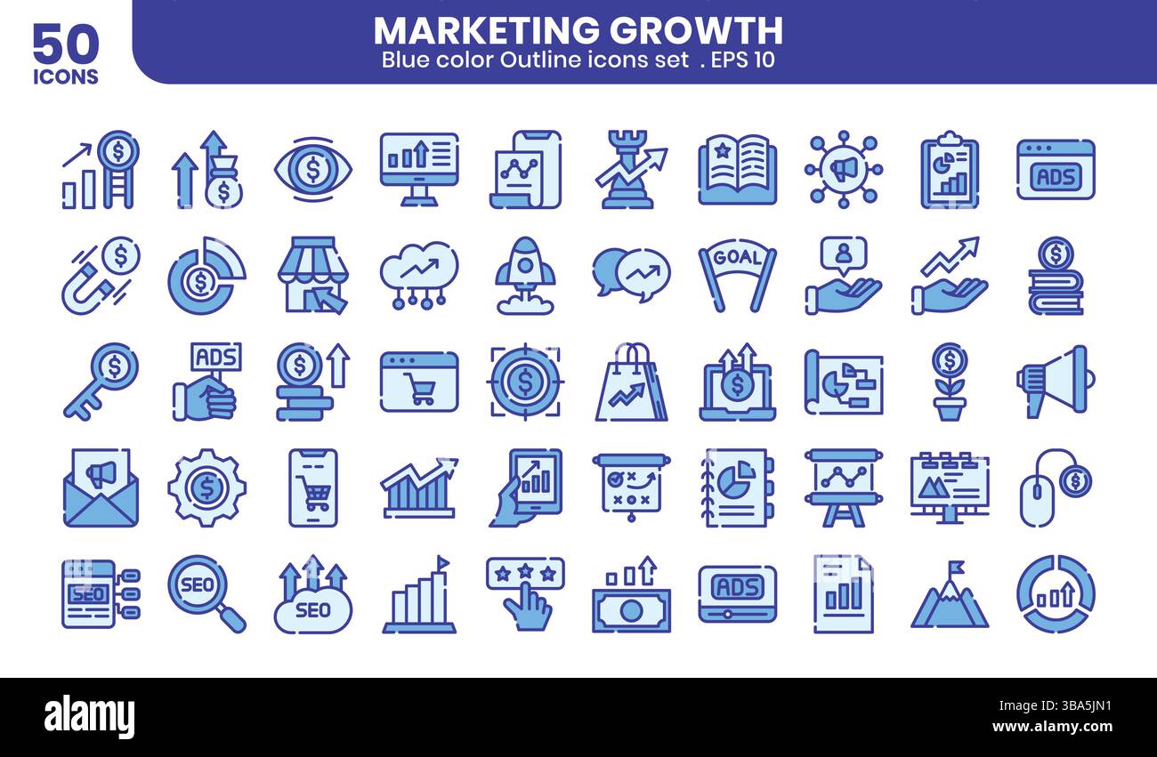 Marketing growth icons bundle. Blue color outline icon style.Vector ...