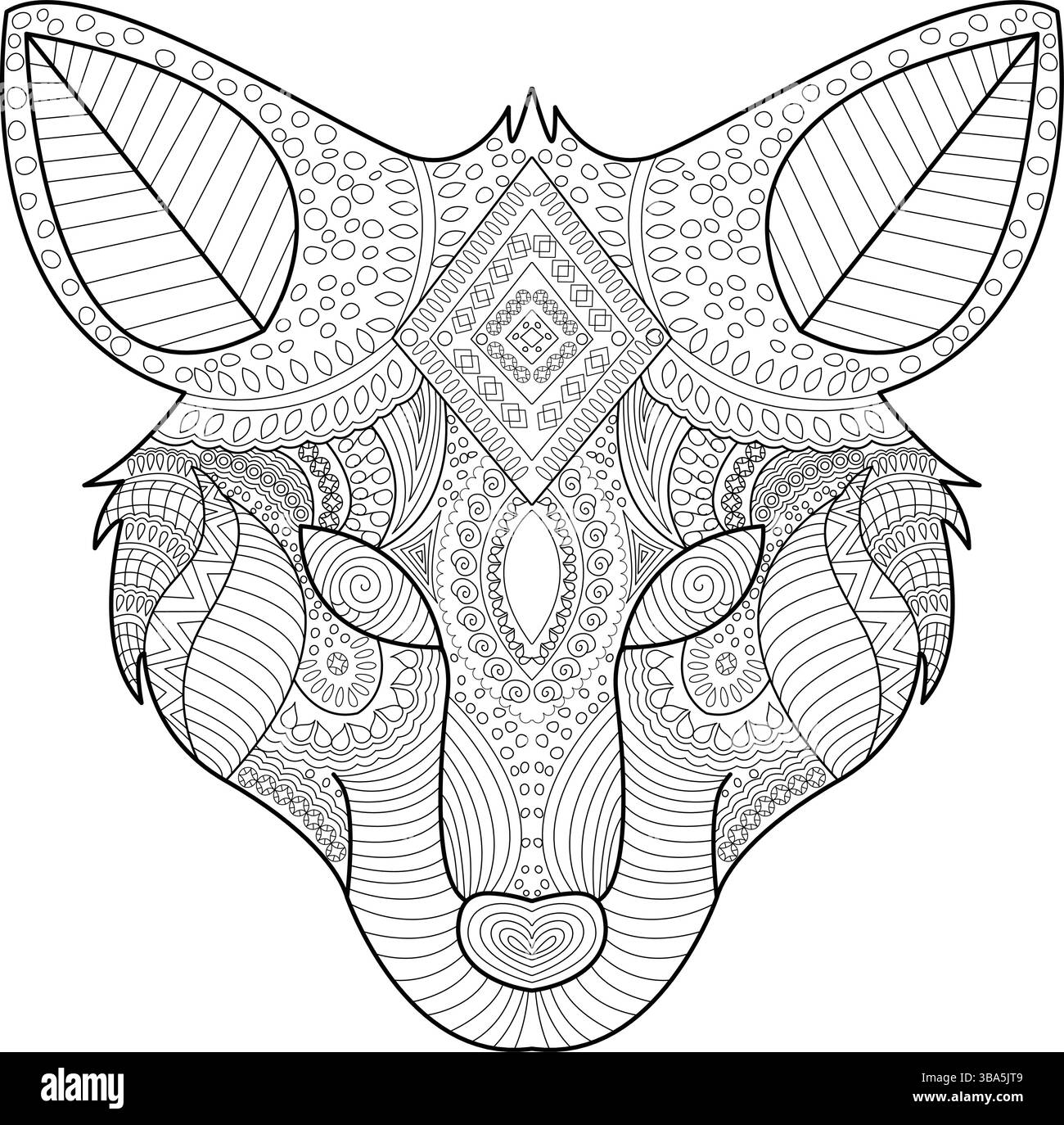 Detailed black and white illustration of a fox face adorned with ...