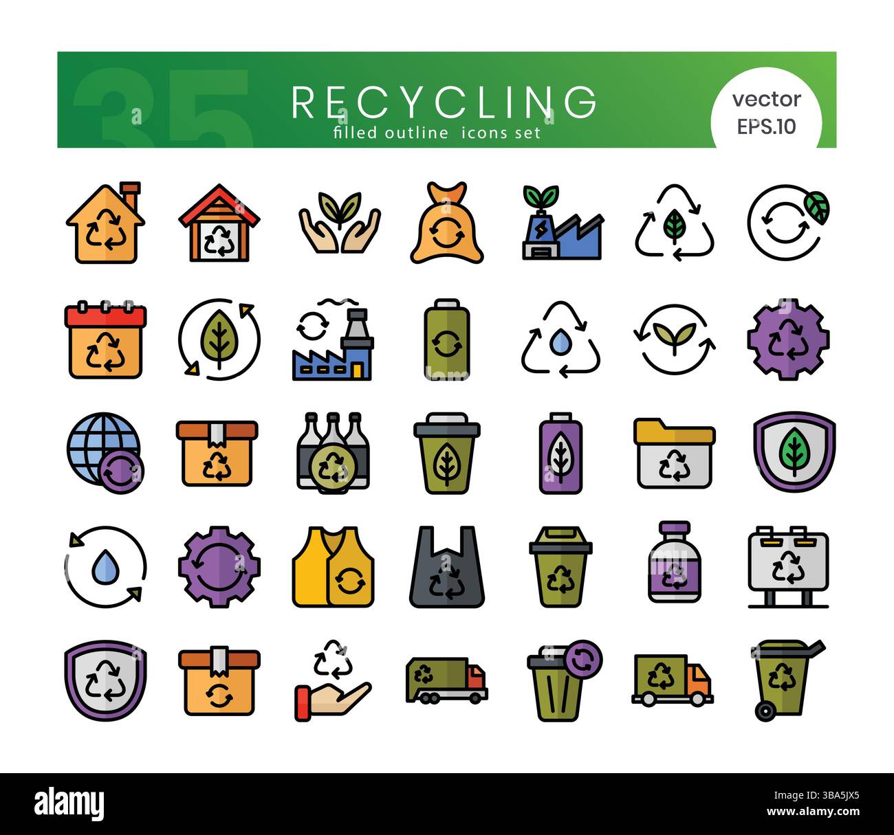 Set of recycling icons.Filled outline style icon bundle. Vector ...