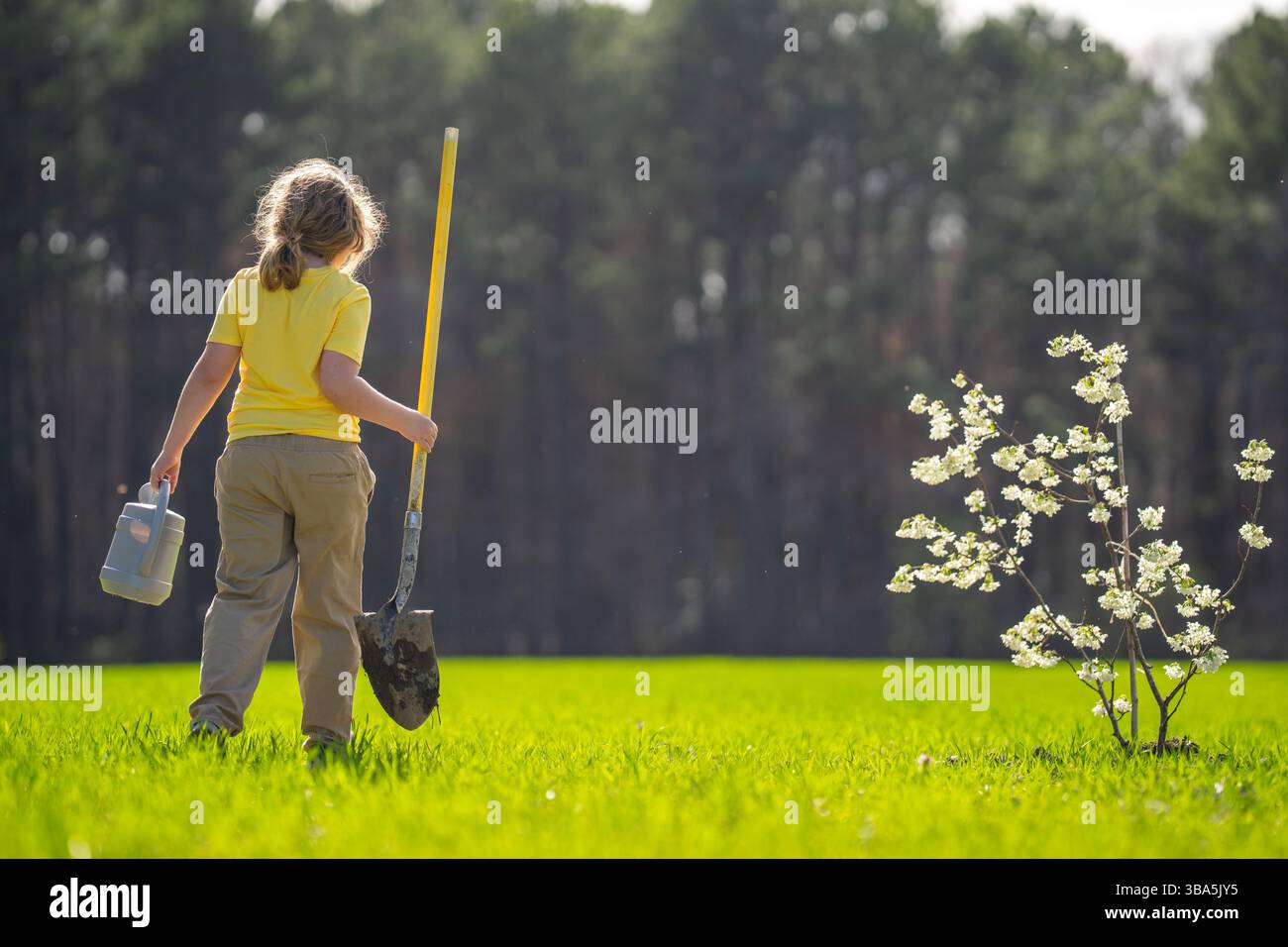 Child growing a tree in garden. Child digging soil with shovel and ...