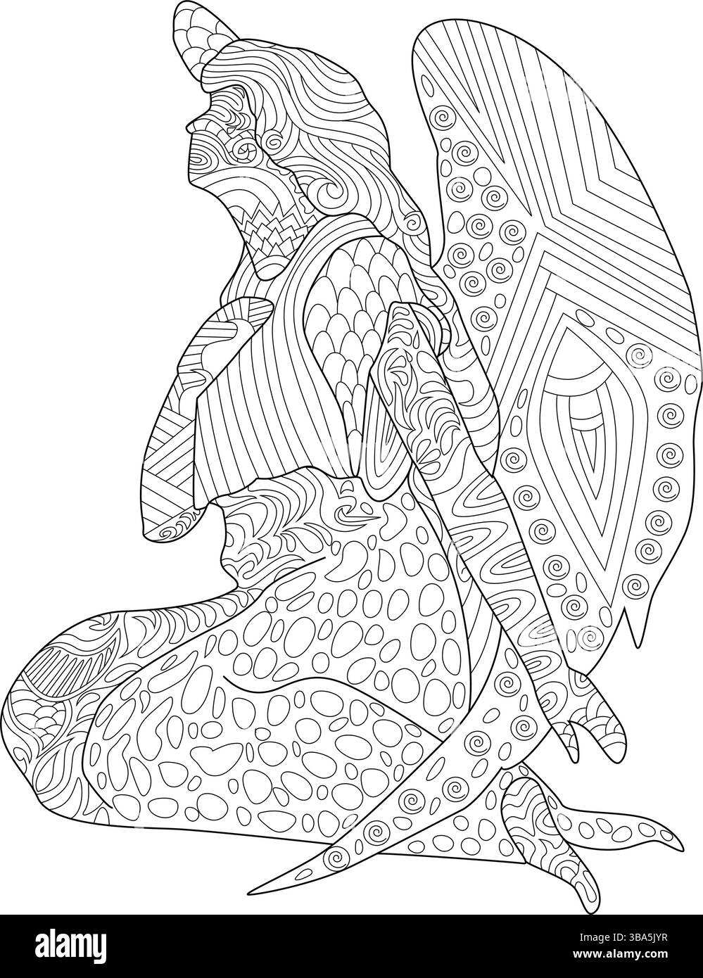 Detailed line drawing of a kneeling angel figure with intricate ...