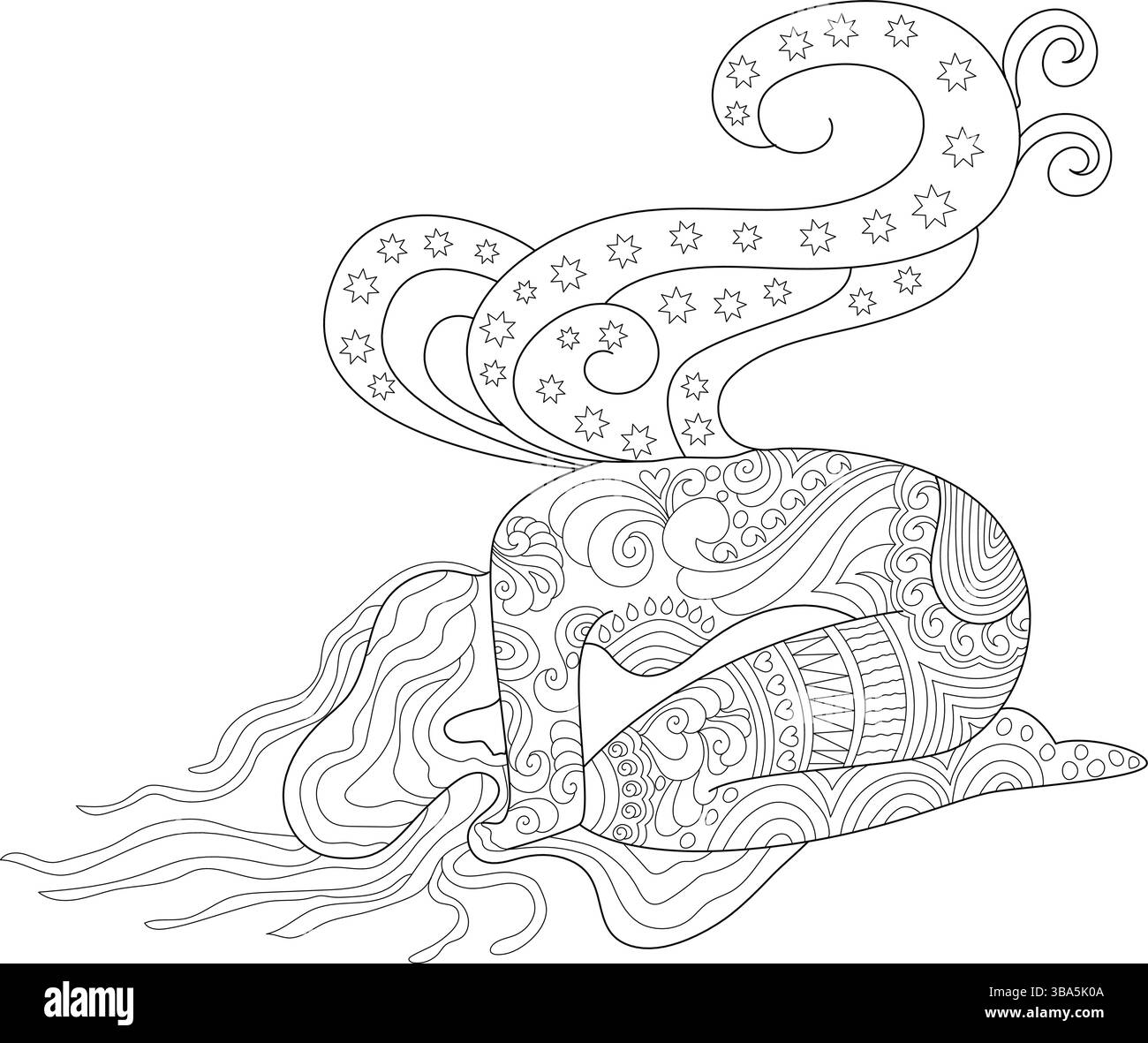 Detailed line art illustration of a kneeling angelic figure with ...