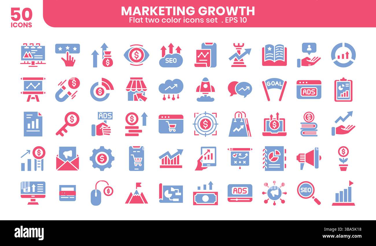Marketing growth icons bundle. Flat two color icon style.Vector ...
