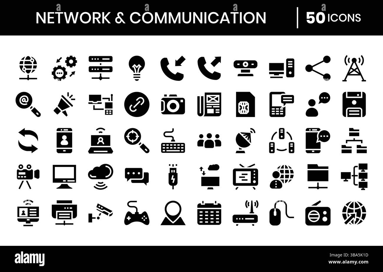 Network and communication Icons Bundle. Glyph icons style. Vector ...