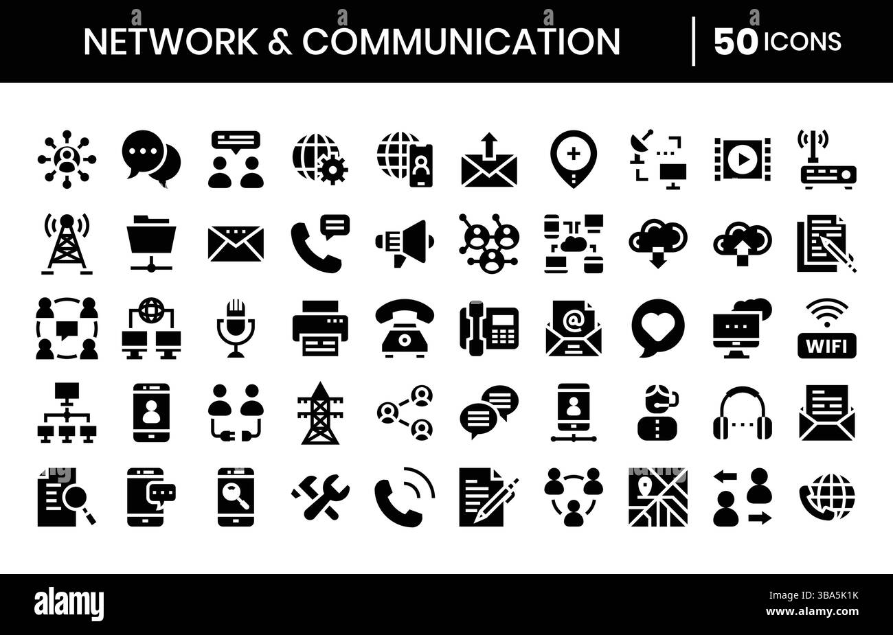 Network and communication Icons Bundle. Glyph icons style. Vector ...
