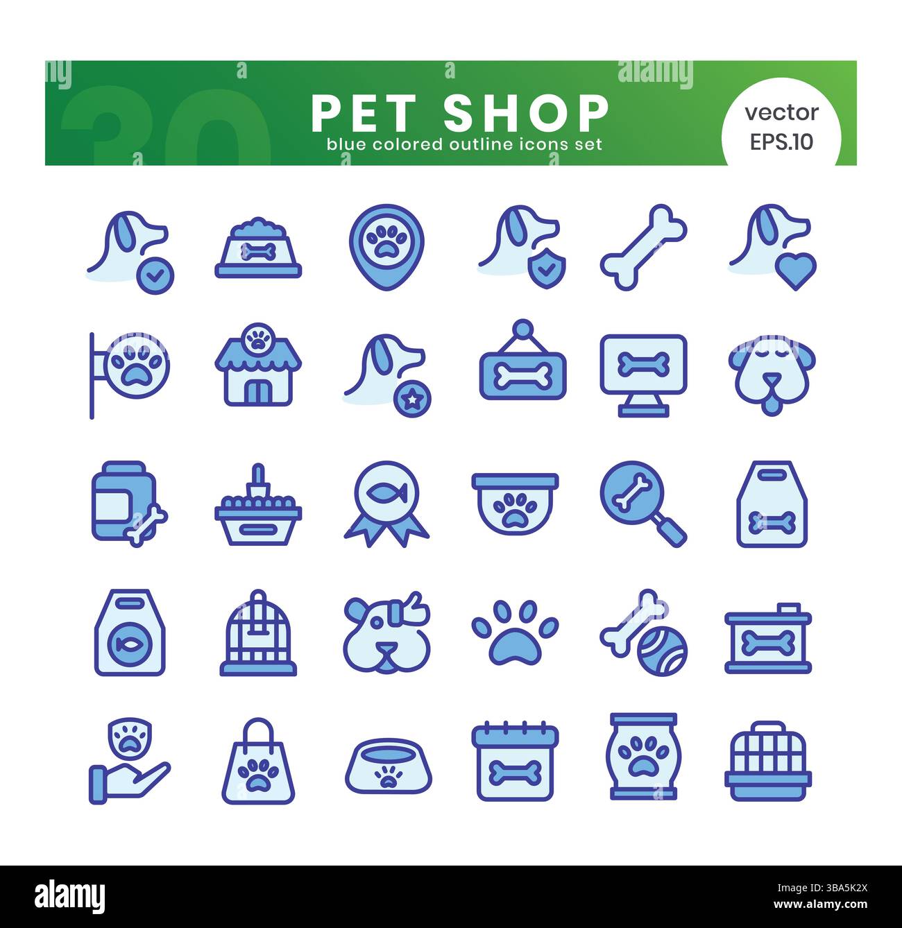 Set of pet shop icons. Blue colored outline style icon bundle. Vector ...