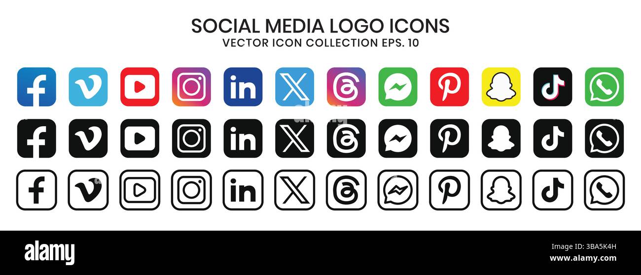 Social media logo icons collection in color, black, and outline styles ...
