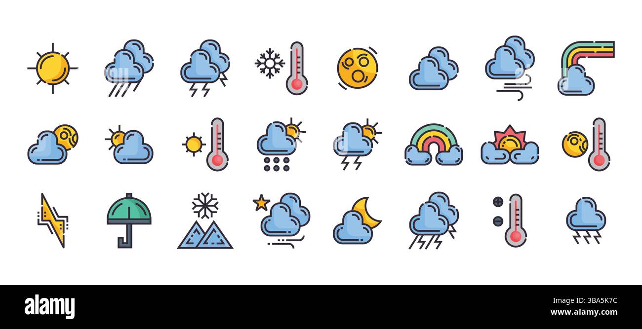 Weather filled outline icon set with clouds, sun, moon, and temperature symbolsWeather glyph ...