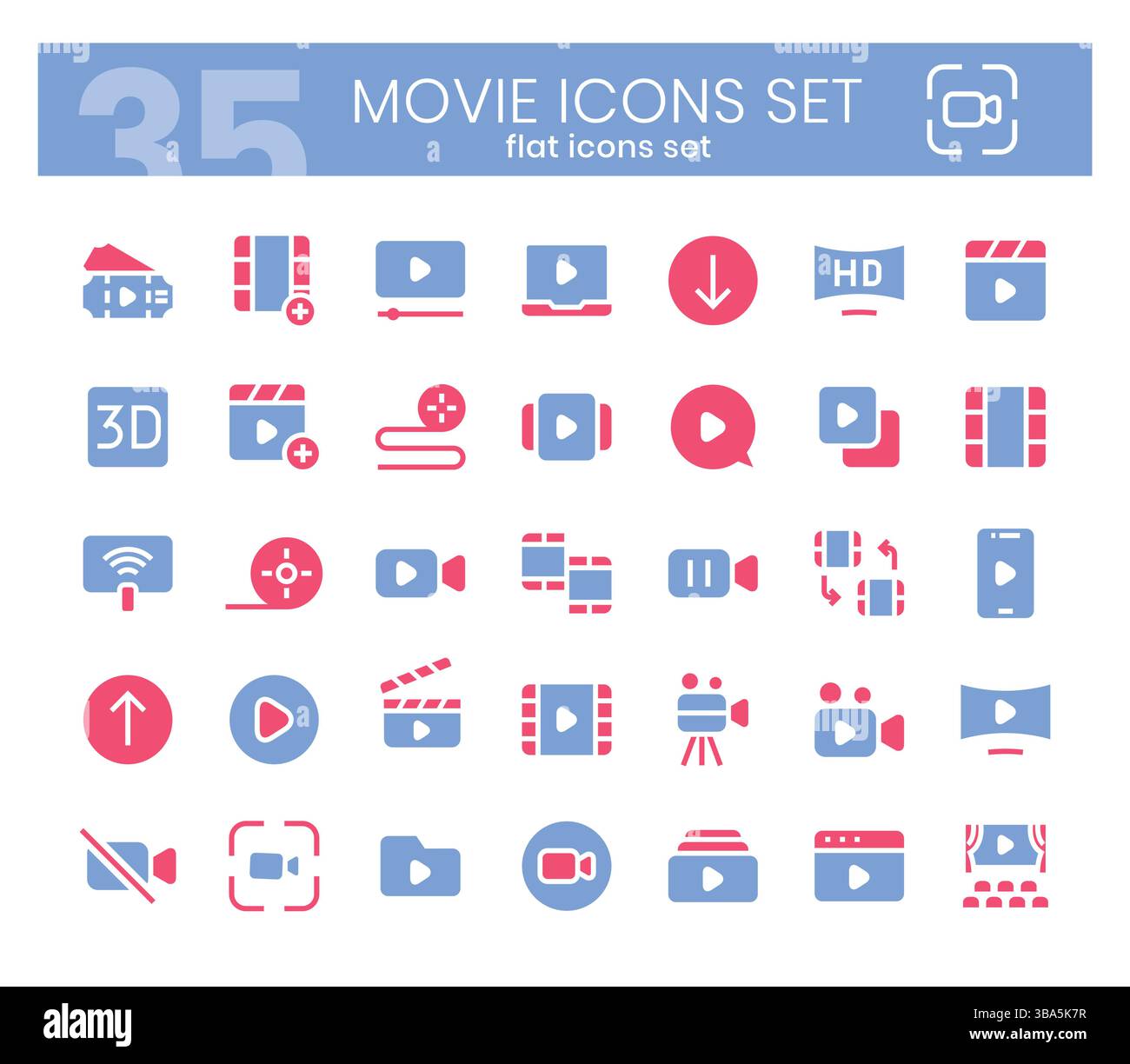 Movie Icons Bundle. Flat two color icons style. Vector illustration ...