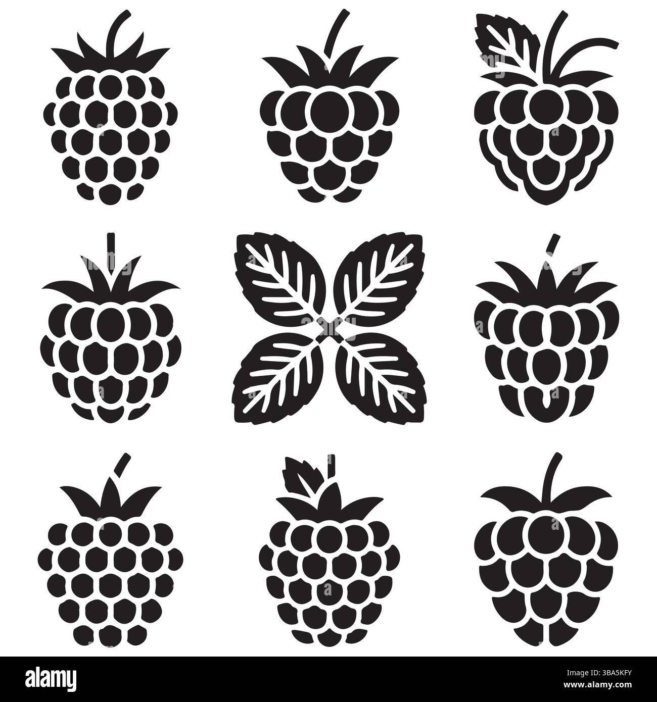 Collection of Black Raspberry Icons and Leaf Illustrations, Raspberry ...