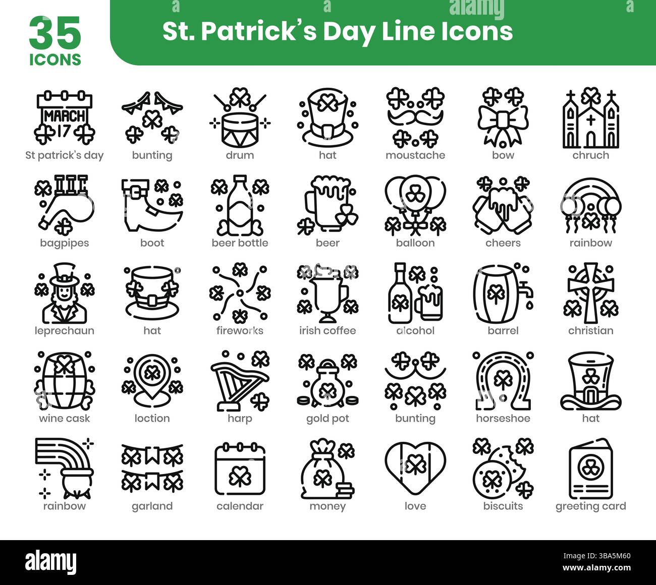 St Patrick's Day icons bundle. Outline icon style. Vector illustration ...