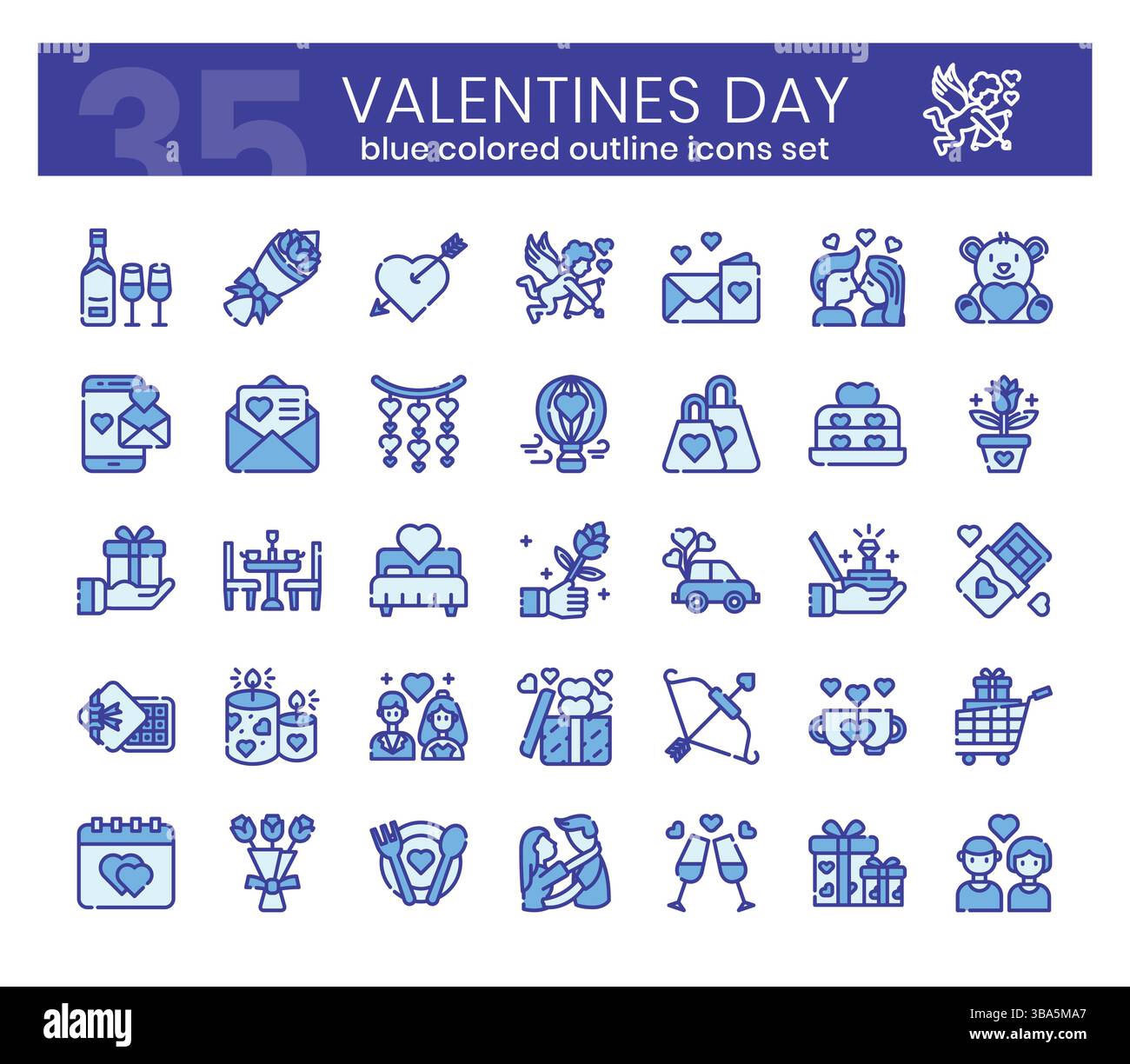 Valentines day Icons Bundle.Blue colored outline icons style. Vector ...