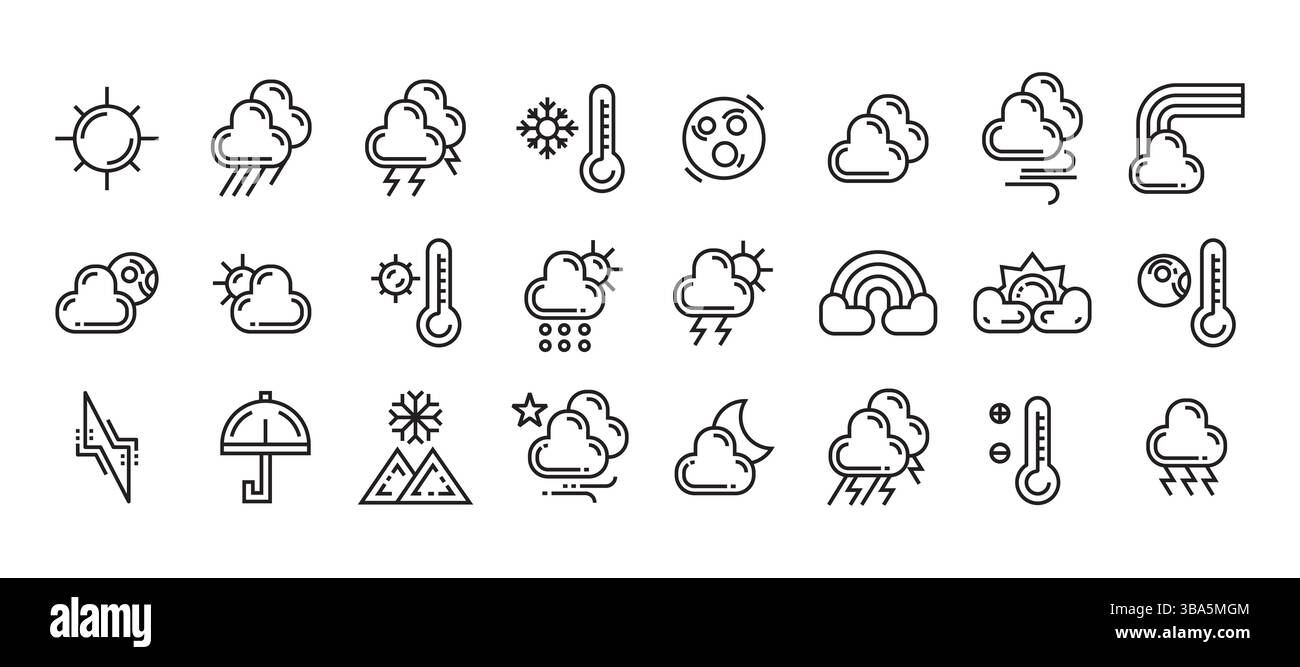 Lineal weather icon set with clouds, sun, moon, and temperature symbols ...