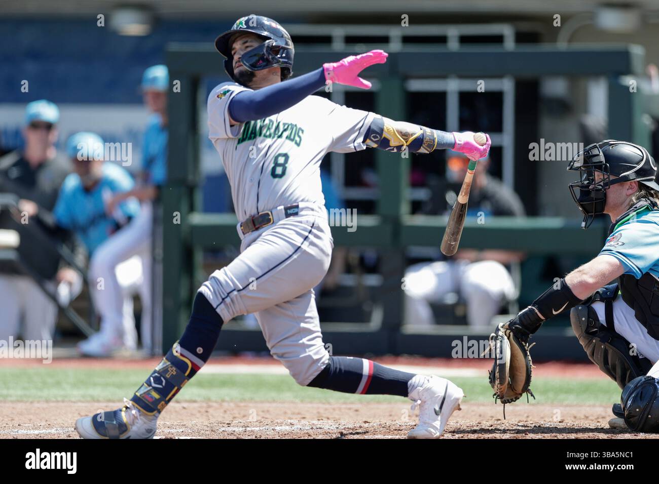 Beloit, WI. USA: Cedar Rapids Kernels second baseman Danny De Andrade (8) hits a deep foul ball ...
