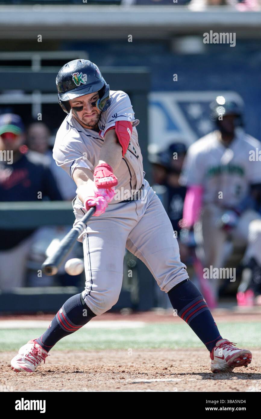 Beloit, WI. USA: Cedar Rapids Kernels first baseman Nate Baez (13) singles to left field in the ...