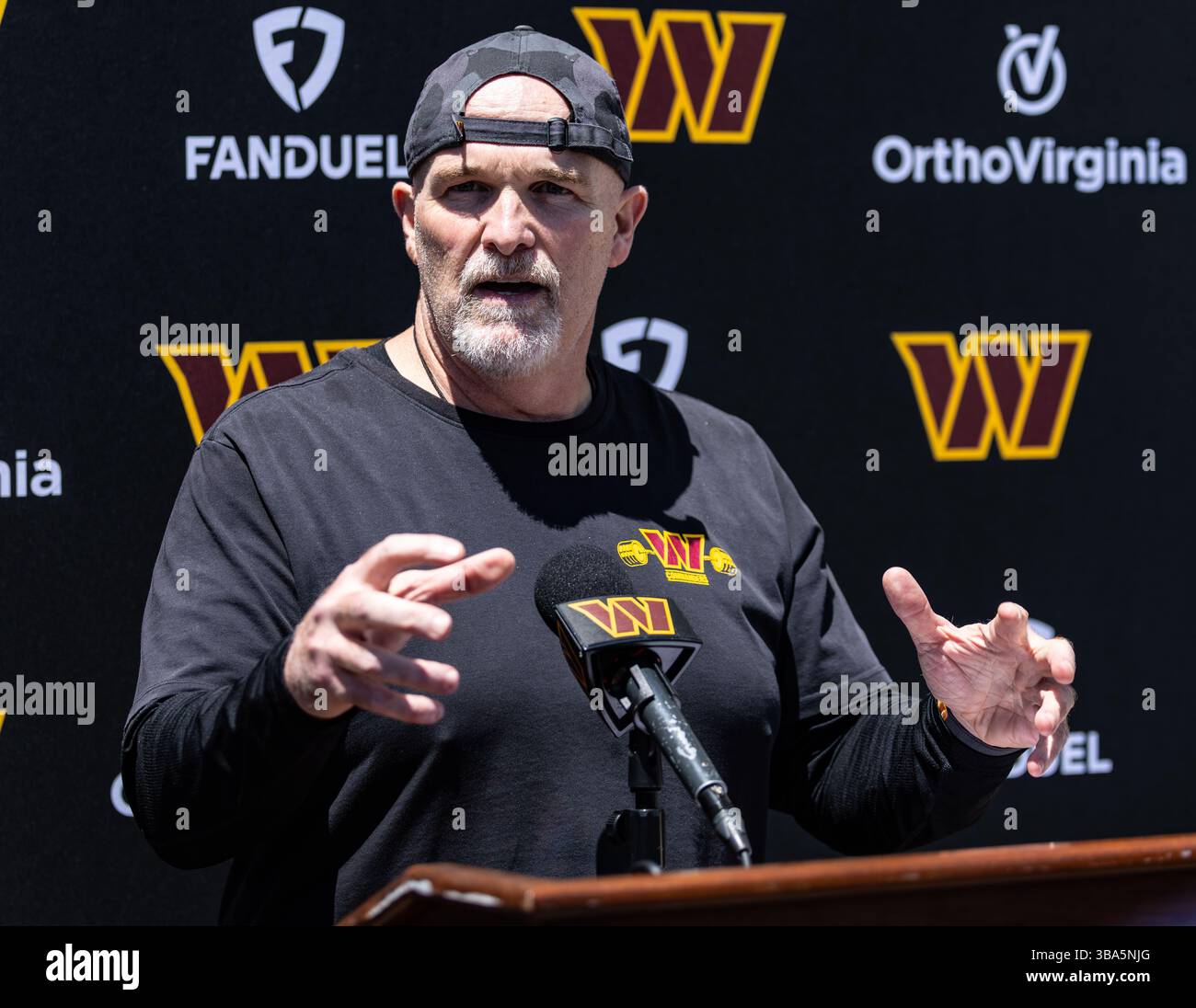 Washington Commanders head coach Dan Quinn addresses the media before ...