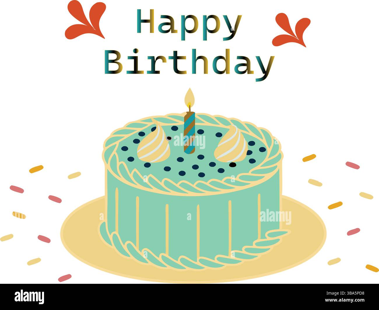 Happy birthday cake illustration with single candle, white frosting ...