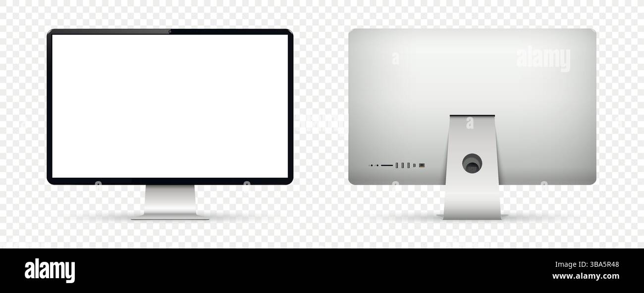 Realistic computer screen mockup. Computer display front and back view ...