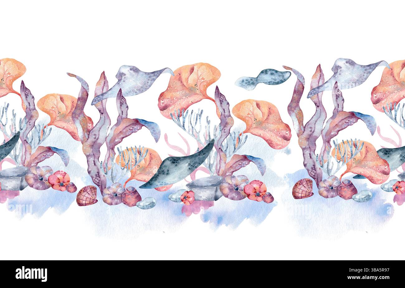Colorful watercolor seamless ocean border with vibrant seaweeds and ...