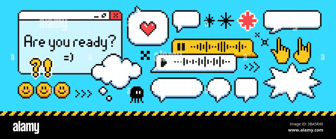 Pixel art speech bubbles and emoticon set - retro 8 bit style chat message boxes, hearts and ...