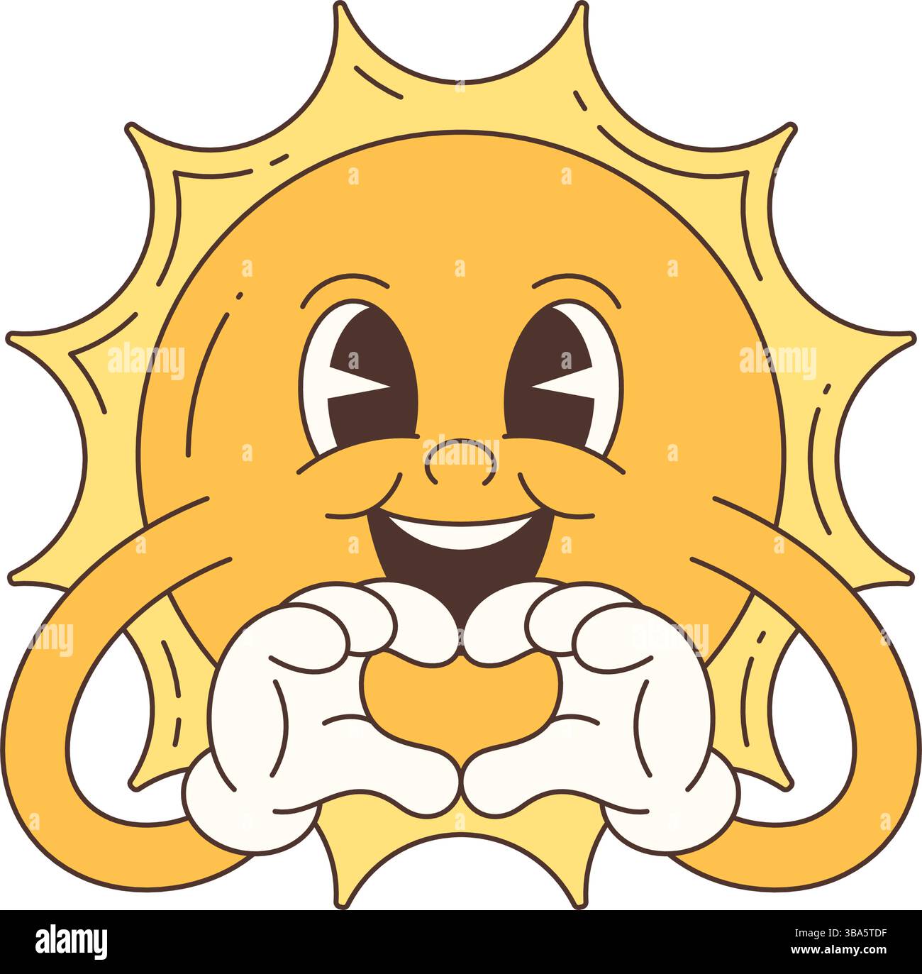 Funny smiling cartoon sun character with expressive face and gloved ...