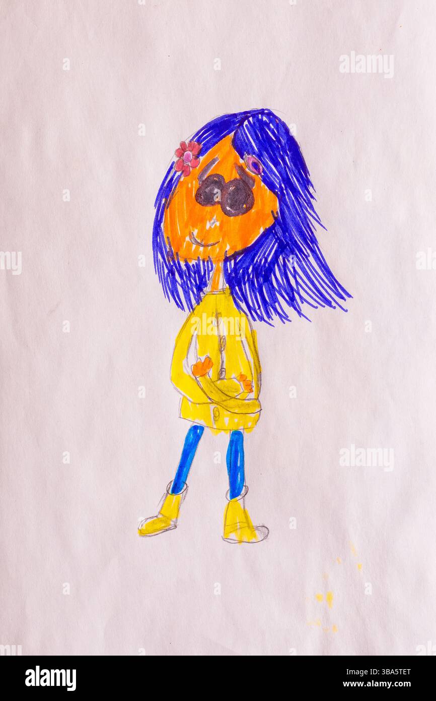 Sad girl with blue hair made by child using felt tip pens painting in ...