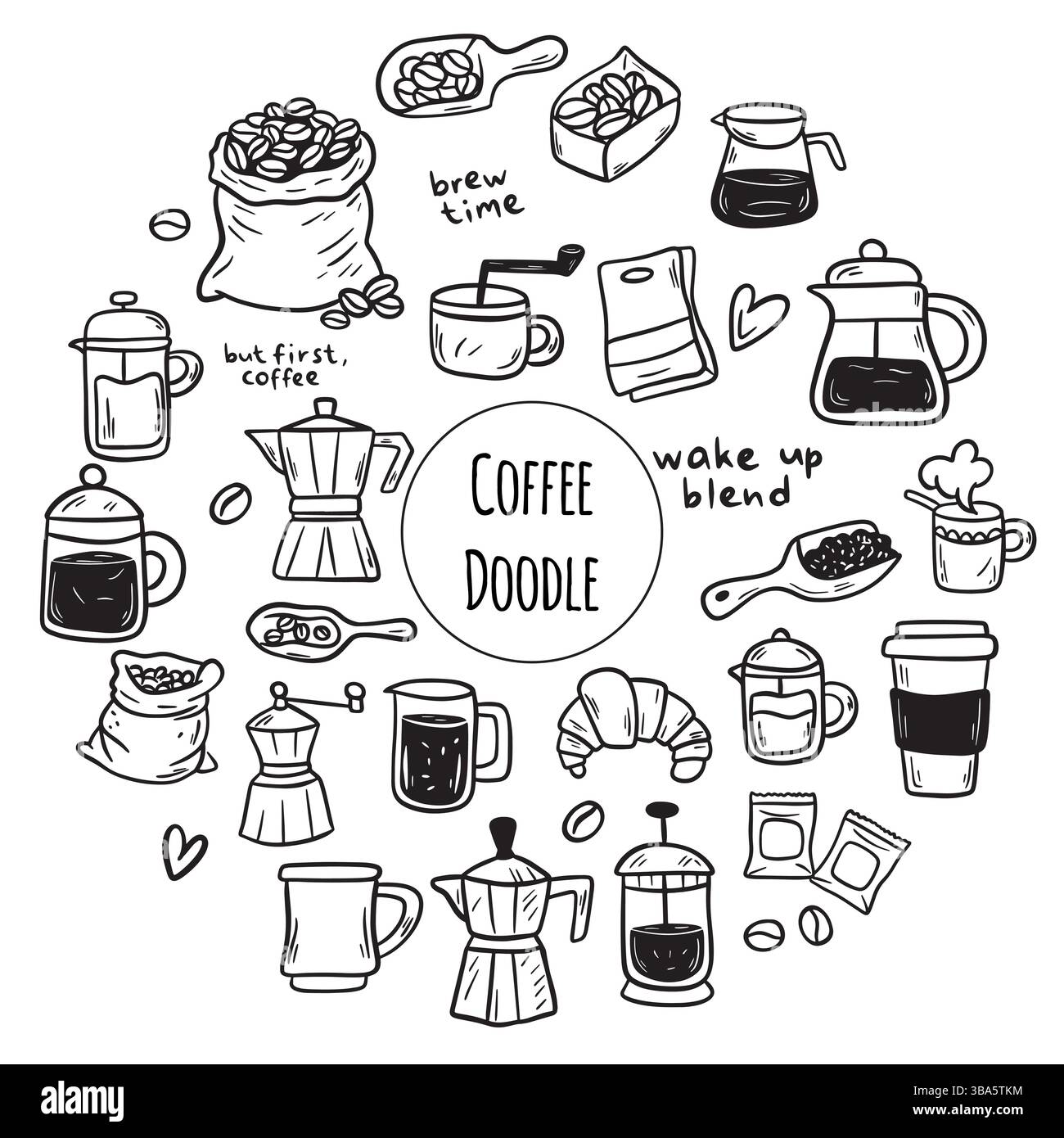 Coffee Time Doodle Set. Cute Hand-Drawn Black Line Icons of coffee pot ...
