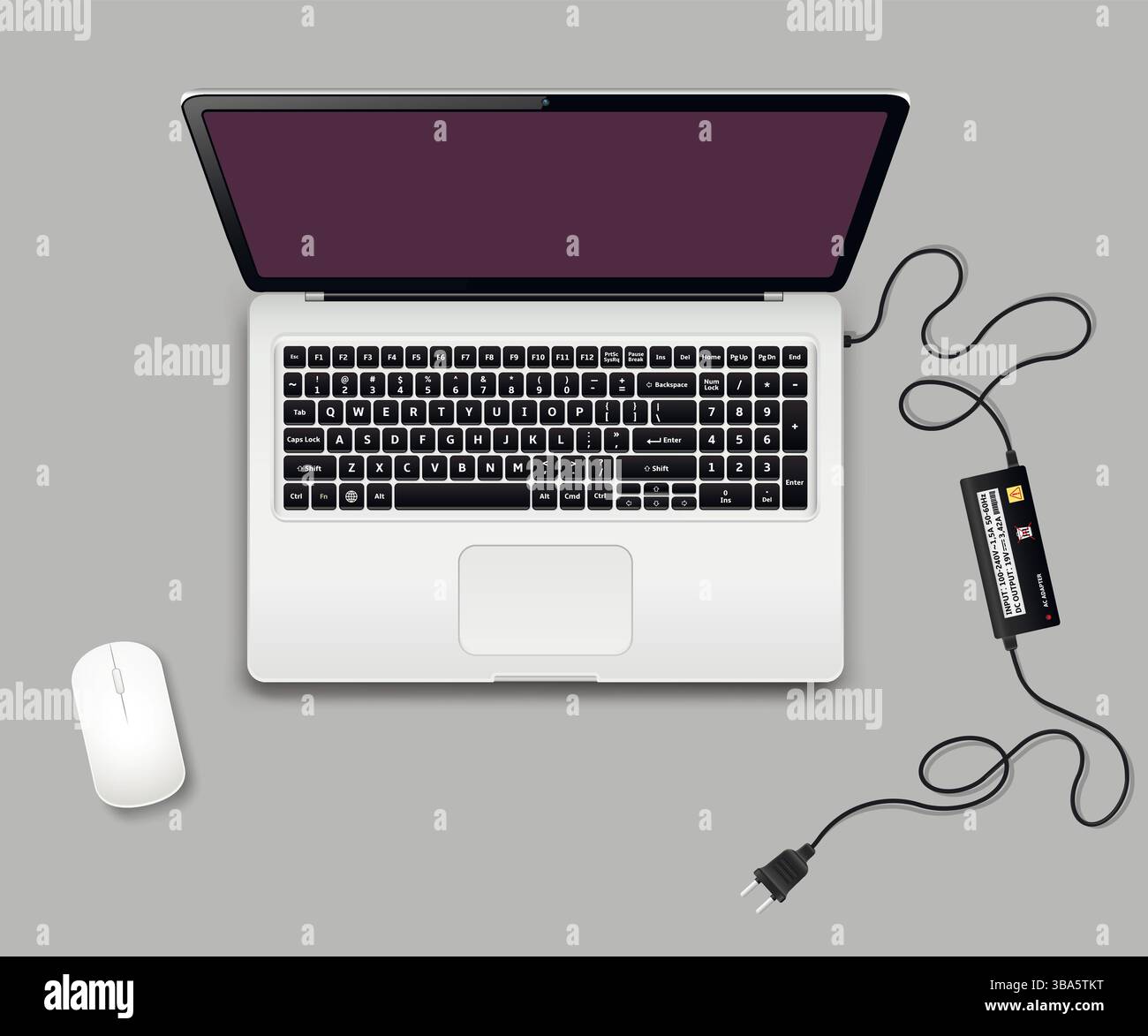 Laptop with computer mouse and charger unplugged. Vector illustration ...