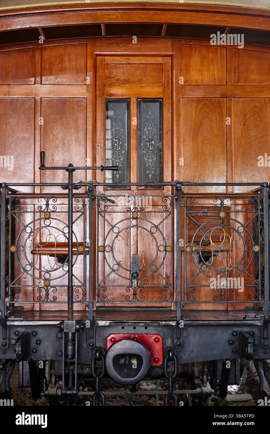 Classic steam locomotive wooden rear wagon. Old fashioned industrial ...