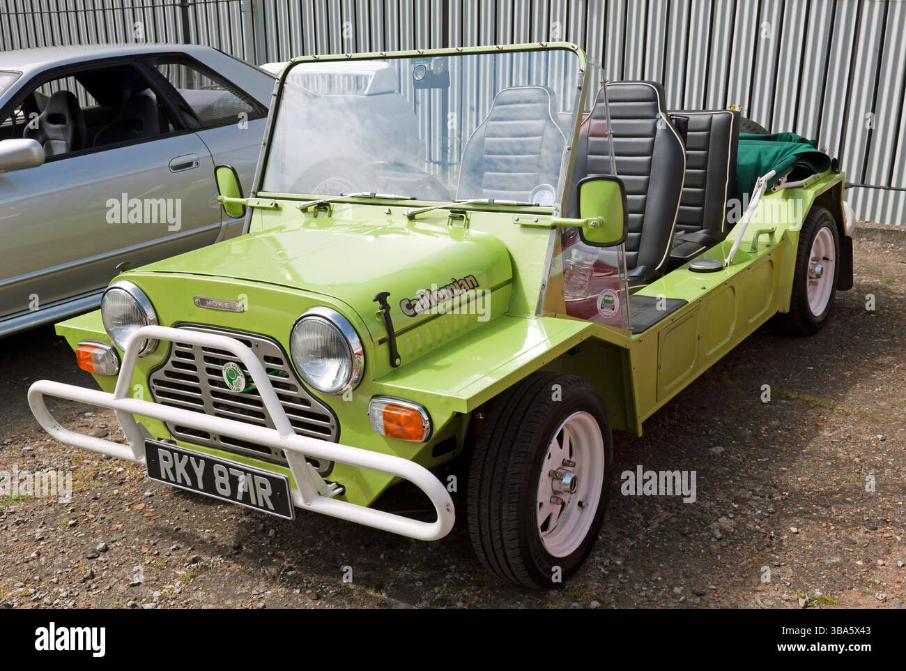Three-quarters front view of a Green, 1977, Austin Mini Moke, on ...