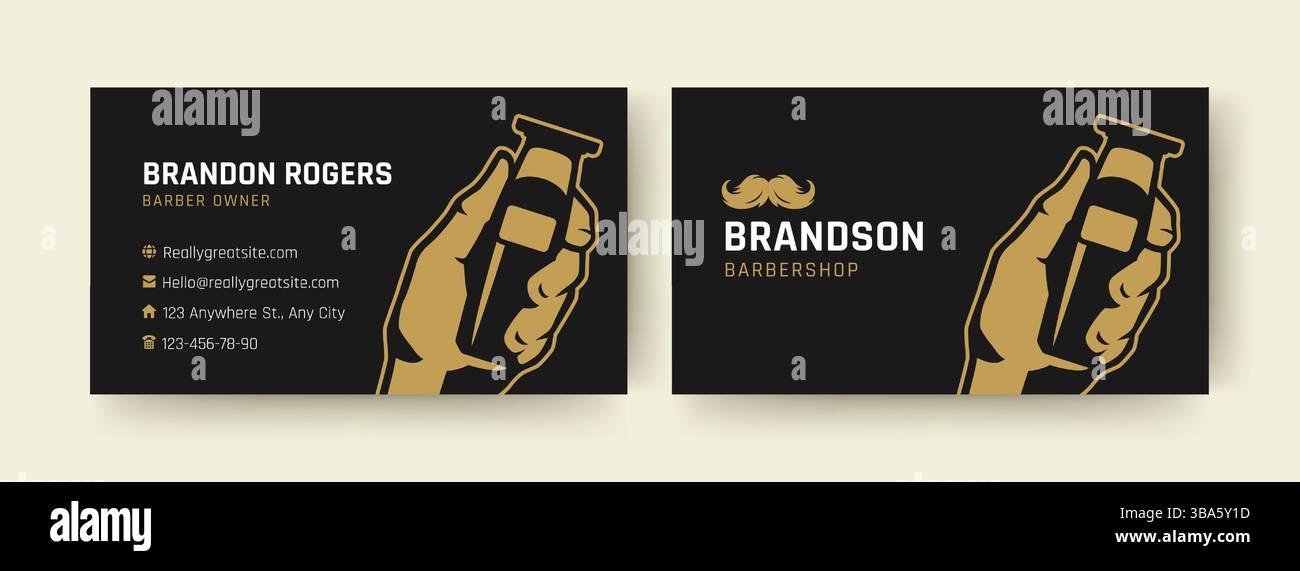Modern barber business card template featuring a hand holding a razor ...