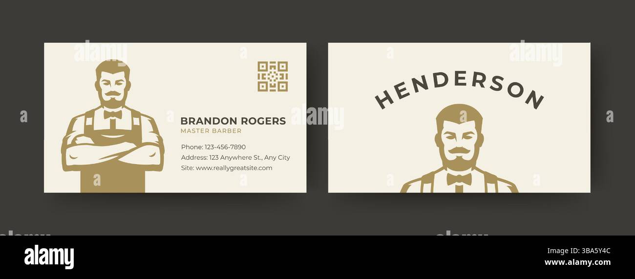Classic barbershop business card with bold masculine figure, vintage ...