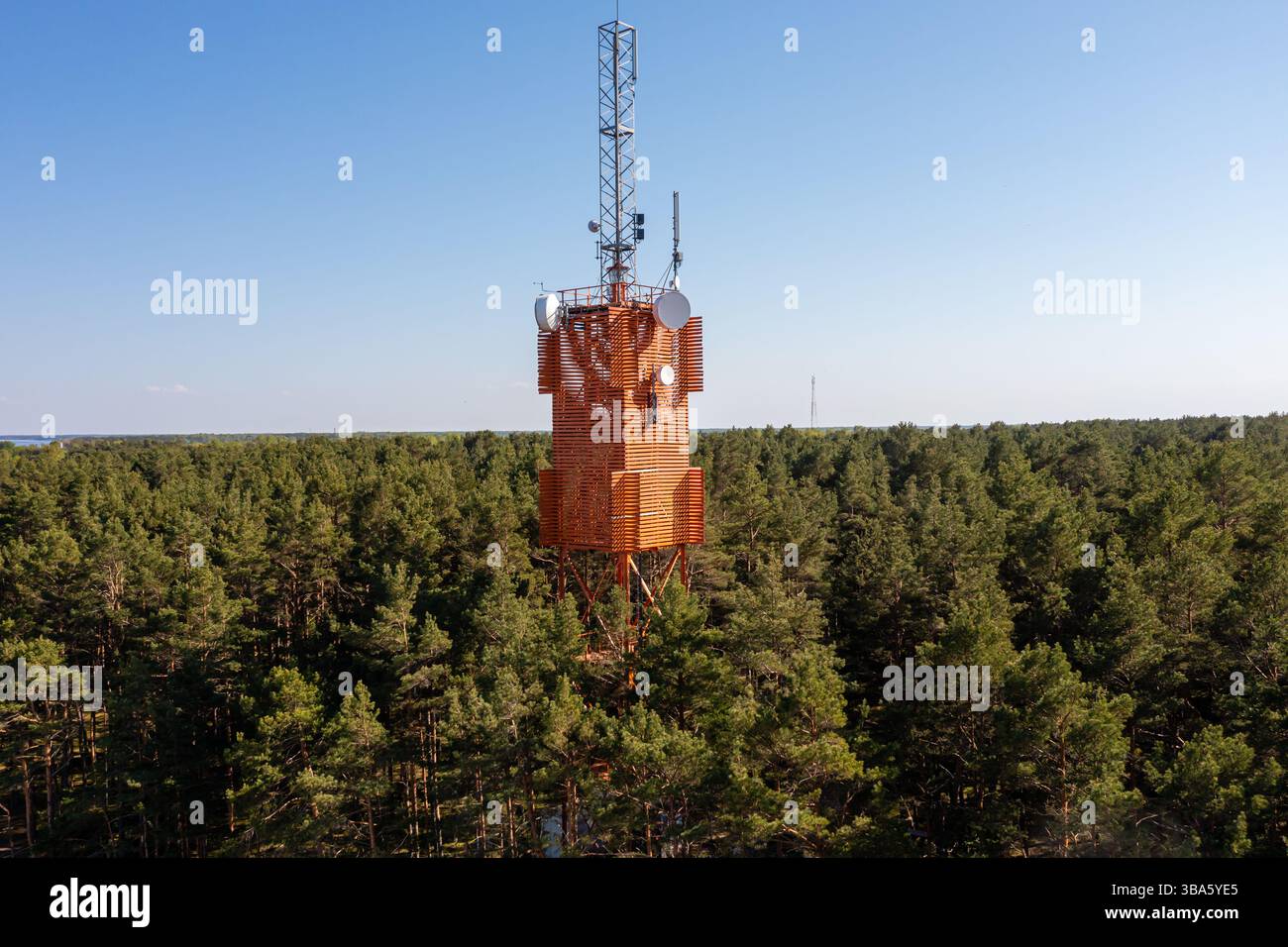 A communication tower rises above lush green trees in a forest during ...