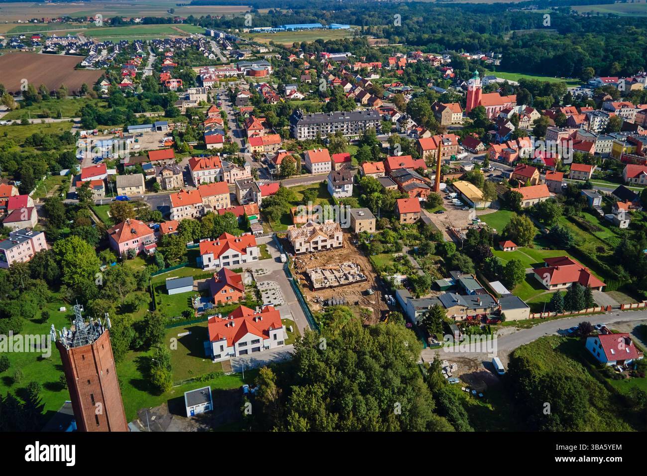 Aerial view of European town with residential buildings and ...