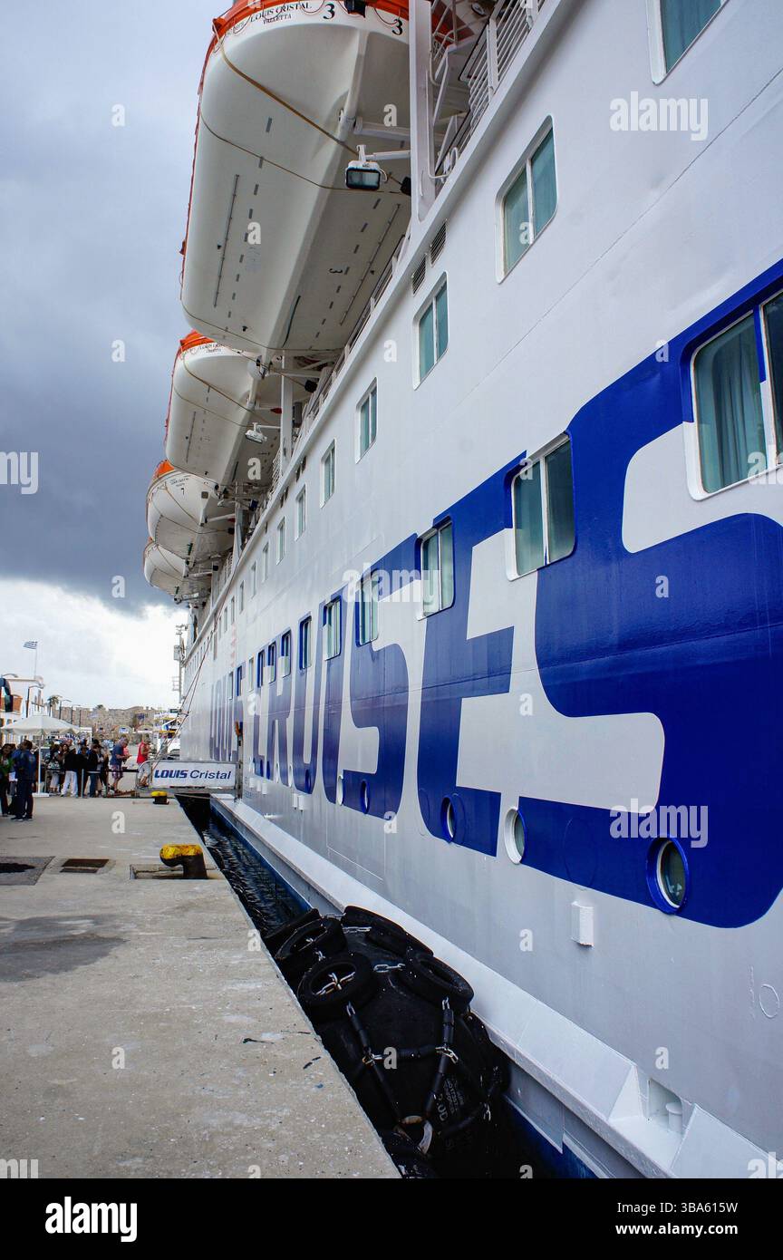 Cruise ship LOUIS CRISTAL hull along pneumatic rubber marine fenders at ...