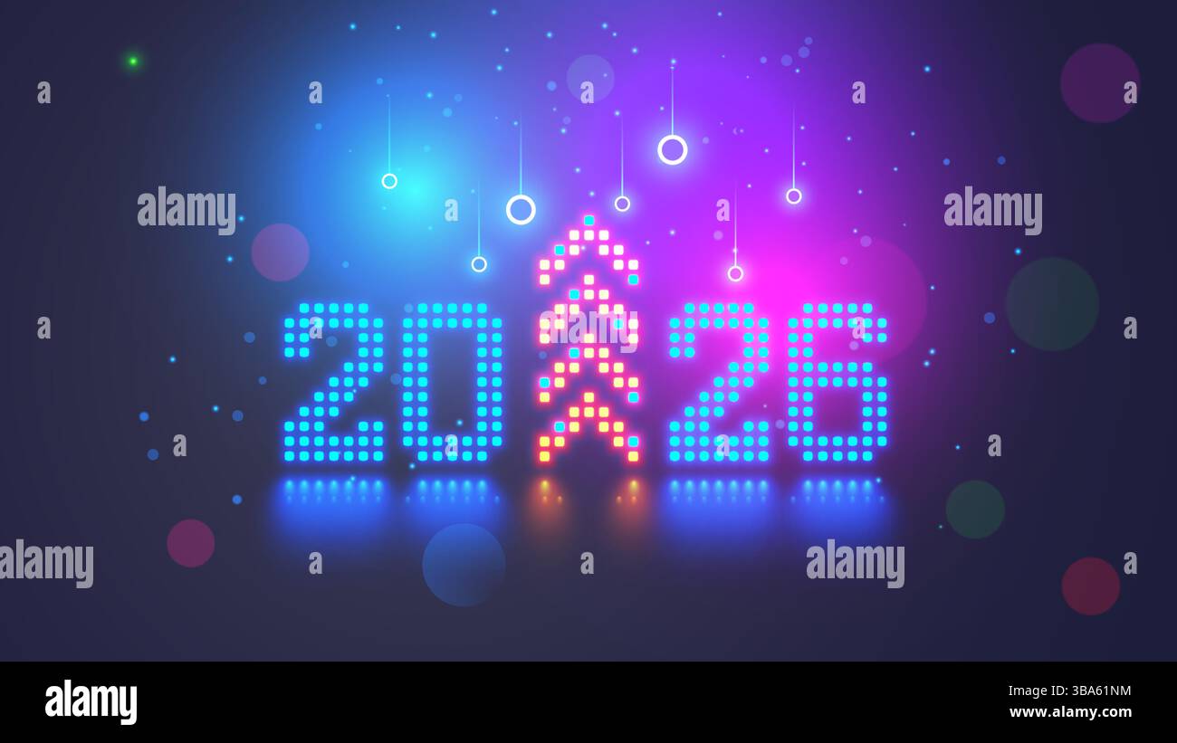 2026 New Year and Christmas in tech style. 20 26 digits consist of neon ...