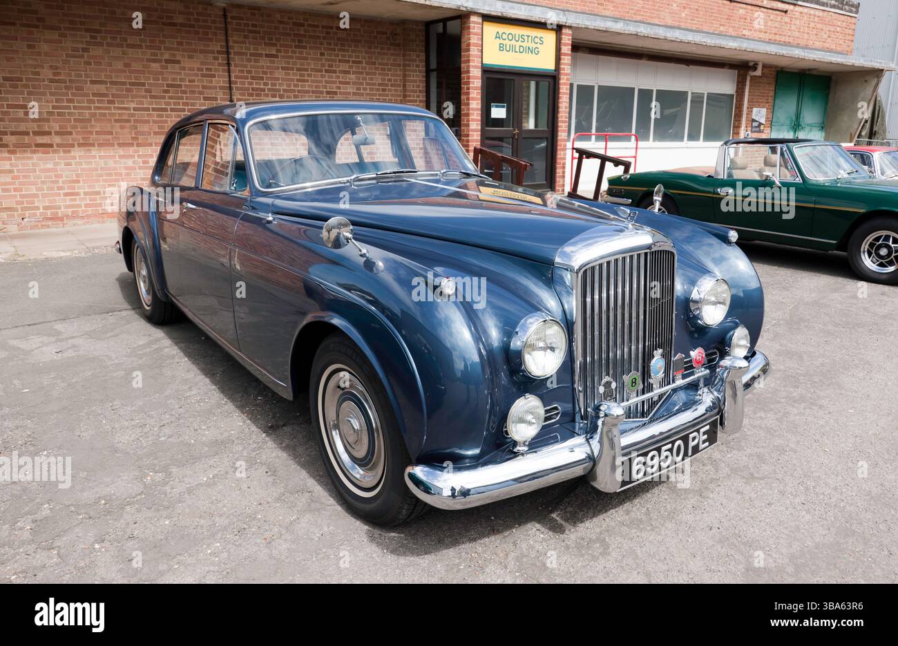 Three-quarters front view of a Blue, 1958, Bentley S1, on display at ...