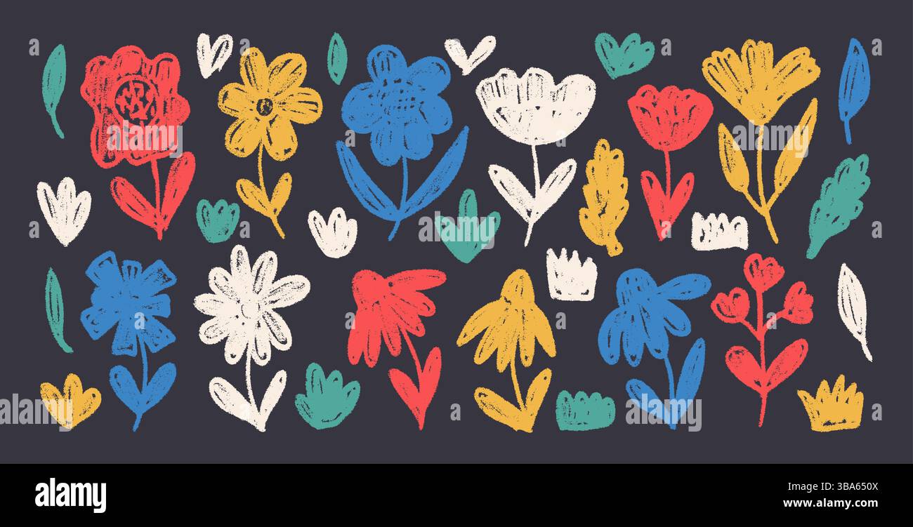 Simple flowers crayon drawn set. Naive floral chalk doodles isolated on ...