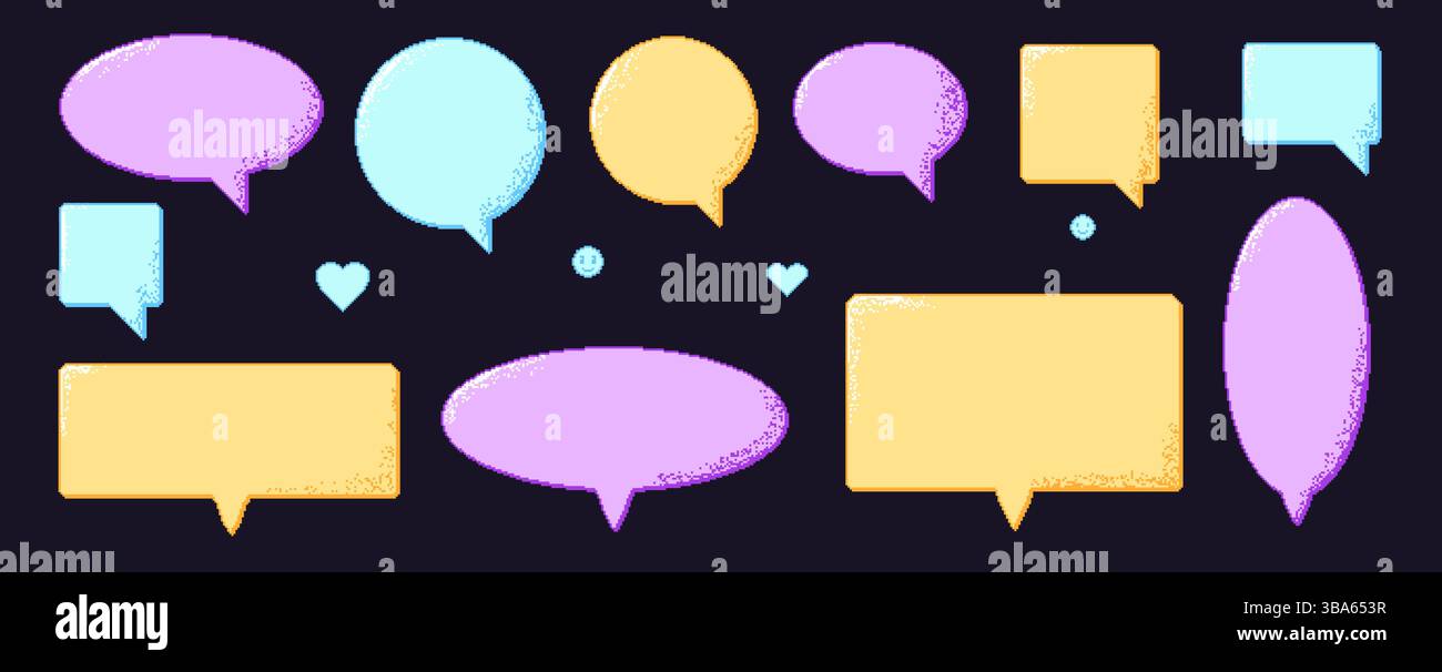 Pixel art speech bubbles. 8 bit colorful text boxes set. Rectangle and round chat frames with ...