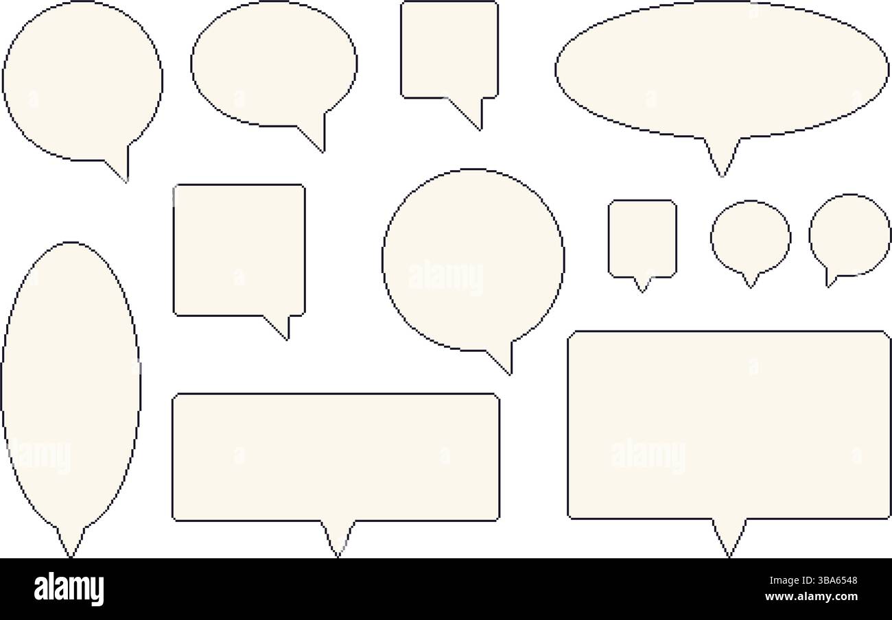 Pixel art speech bubbles. 8 bit text boxes set. Rectangle and round chat frames. Dialogue ...